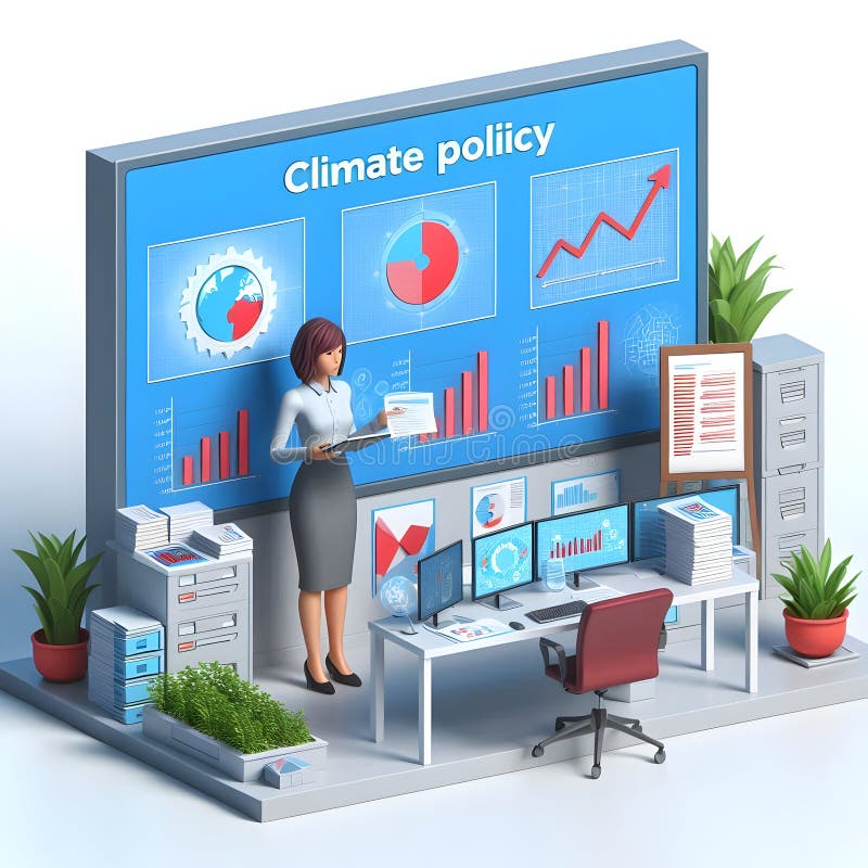 3d Flat Icon As Climate Policy Analyst with Digital Presentation and ...