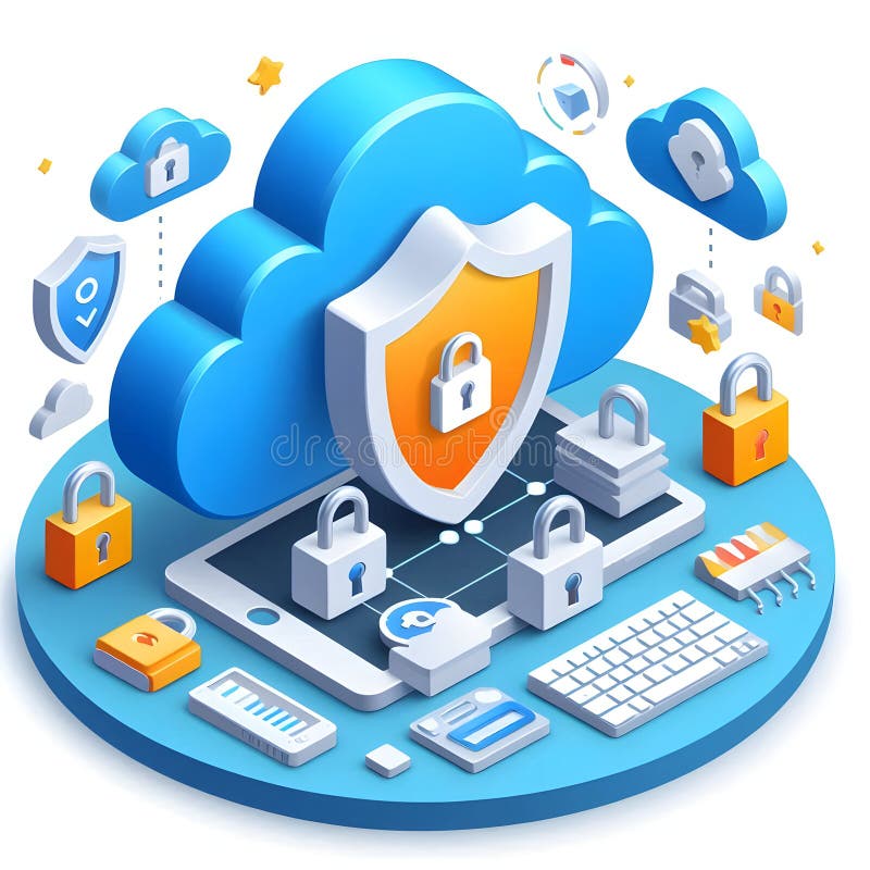 3d Flat Icon As Cloud Computing Security with Shield and Lock Symbols ...