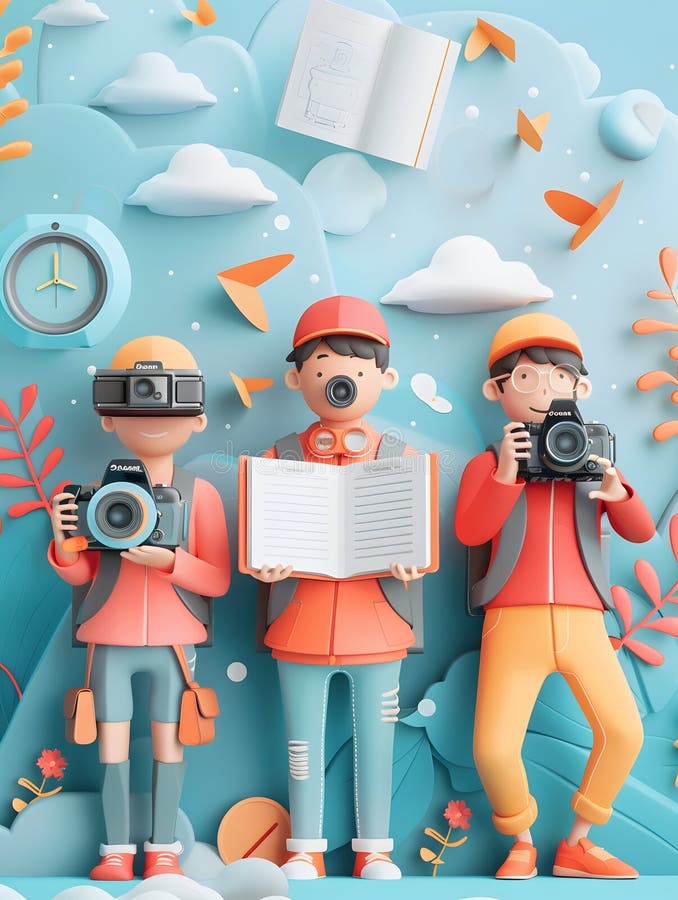 3d Flat Icon As Content Creation Team with Cameras and Notebooks ...