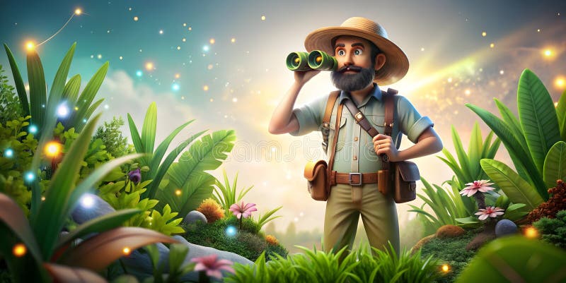 3d Flat Icon As Explorer with Binoculars and Hat in Fantasy Desert ...