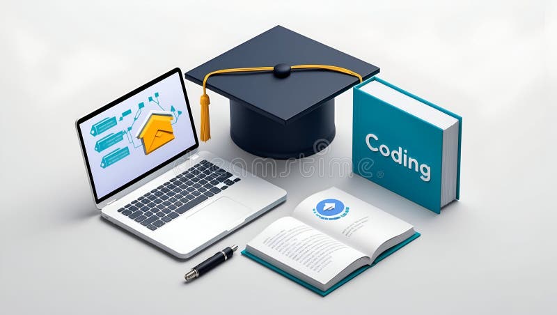 3d Flat Icon As Graduation Cap with Laptop and Coding Book Concept As a ...