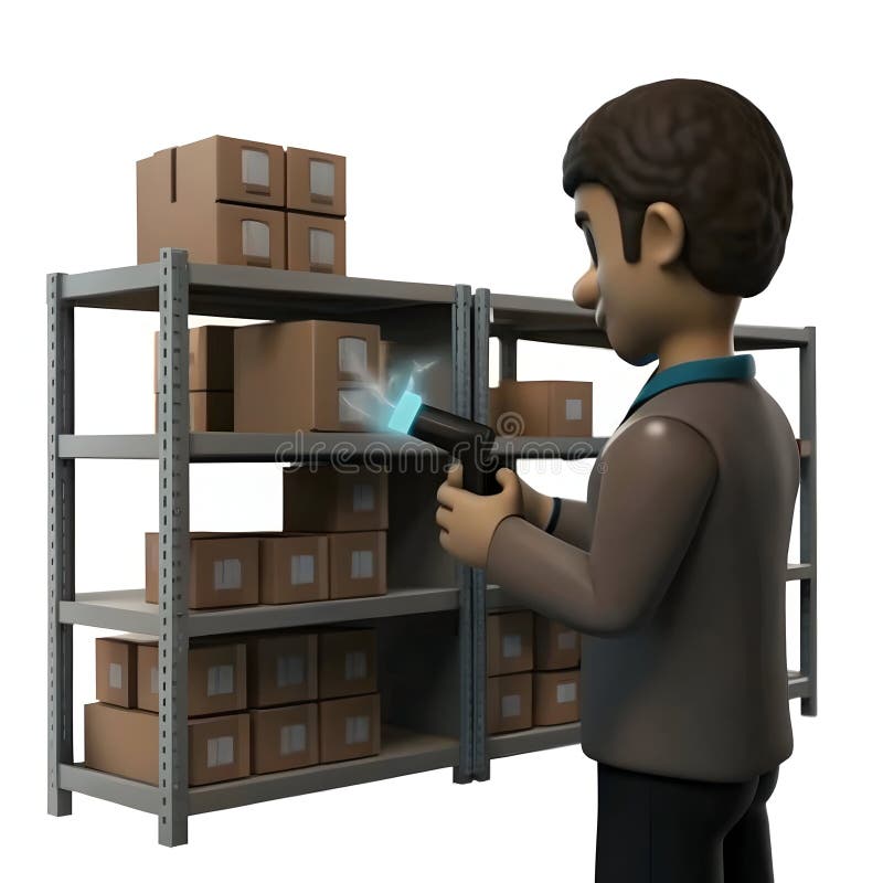 3d Flat Icon As Inventory Specialist with Barcode Scanner and Shelves ...