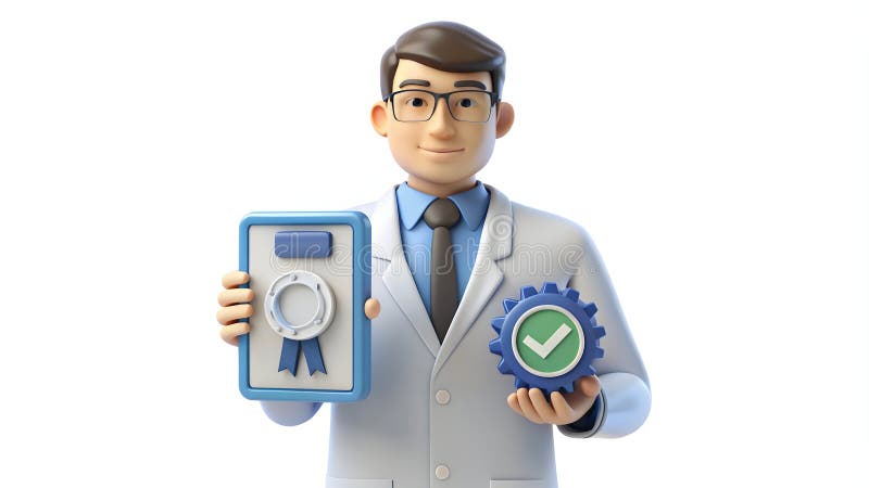 3d Flat Icon As Laboratory Analyst with ISO Badge and Test Data Concept ...