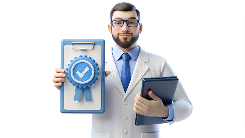 3d Flat Icon As Laboratory Analyst with ISO Badge and Test Data Concept ...