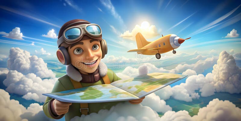 3d Flat Icon As Pilot with Aviator Goggles and Map in Floating Airship ...