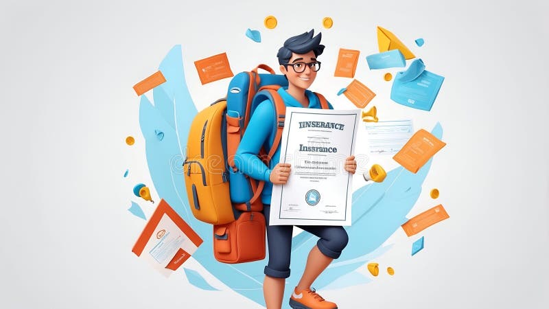 3d Flat Icon As Student with Backpack and Insurance Certificate Concept ...