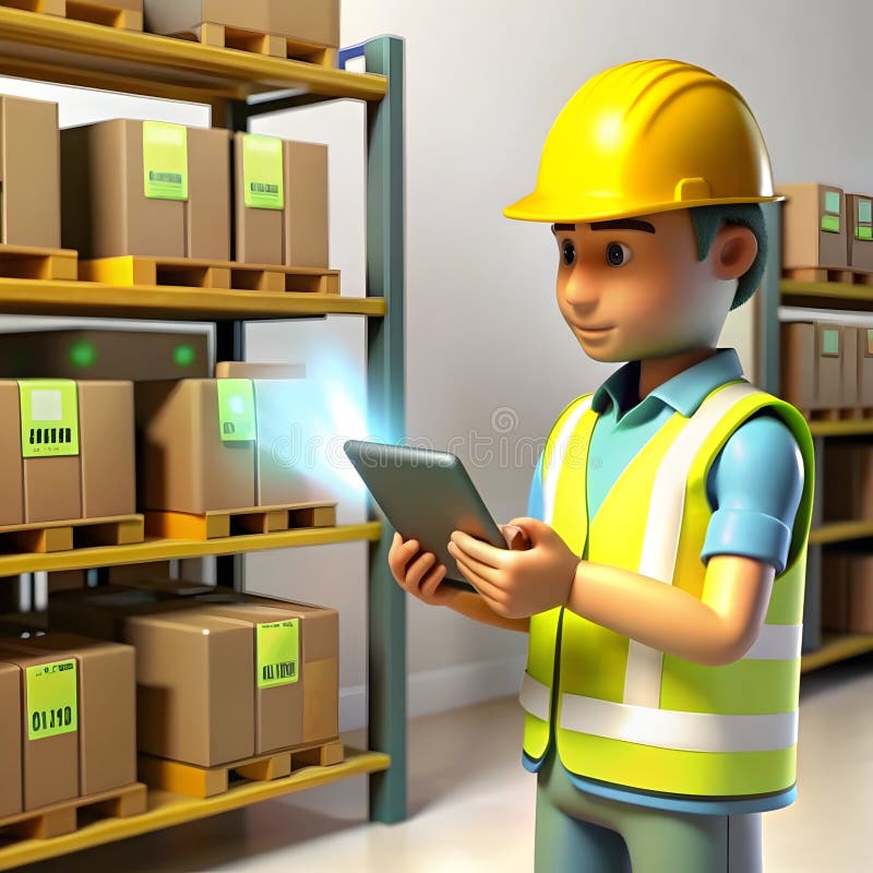 3d Flat Icon As Warehouse Assistant with Barcode Scanner and Inventory ...