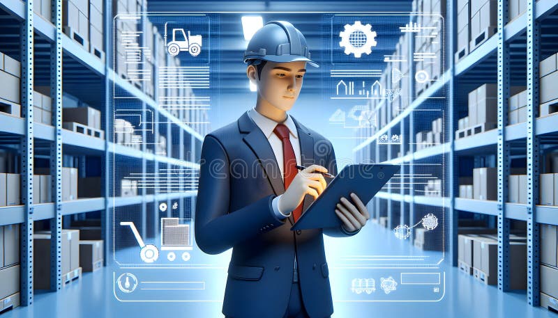 3d Flat Icon As Warehouse Supervisor with Digital Clipboard and Shelves ...
