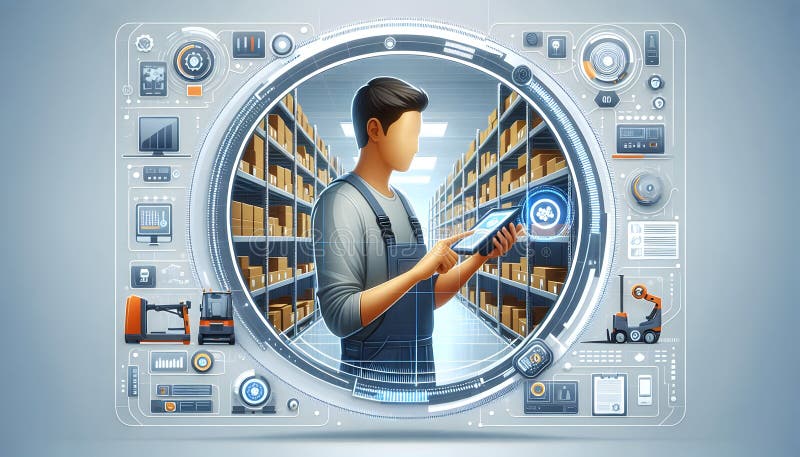 3d Flat Icon As Warehouse Worker with Handheld Device and Shelves in ...