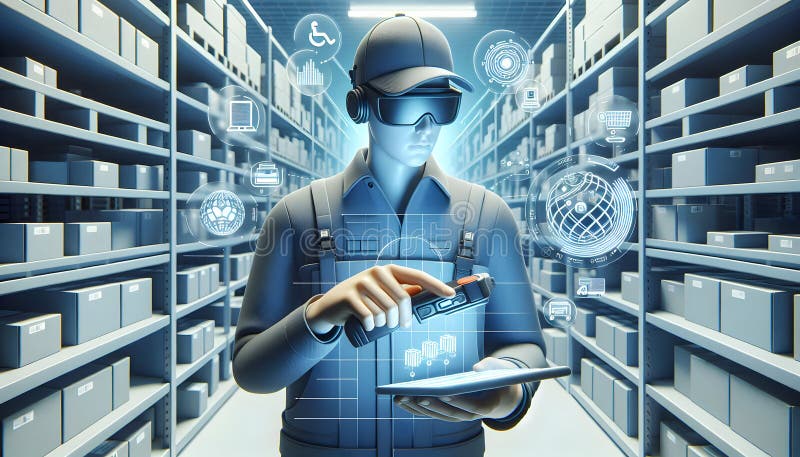 3d Flat Icon As Warehouse Worker with Handheld Device and Shelves in ...