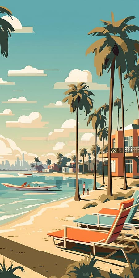 2d Flat Illustration of Long Beach Scene without Watermark Stock ...
