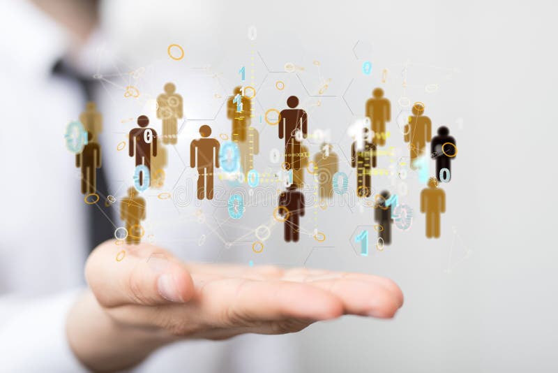 3d Floating Digital Illustration of Connected Human Icons Over a Hand ...