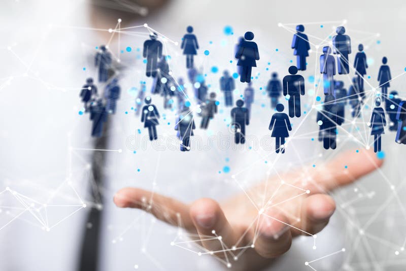 3d Floating Digital Illustration of Connected Human Icons Over a Hand ...