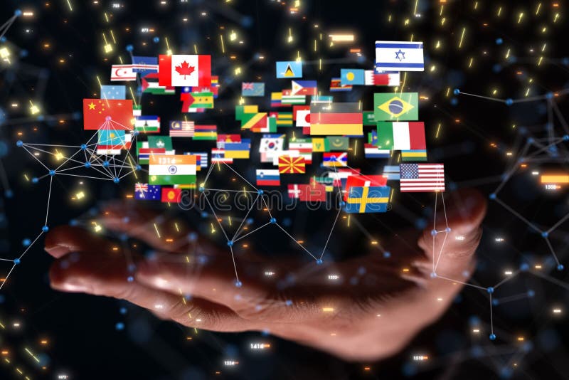3d Floating Digital Illustration of World Flags Over a Hand- the ...