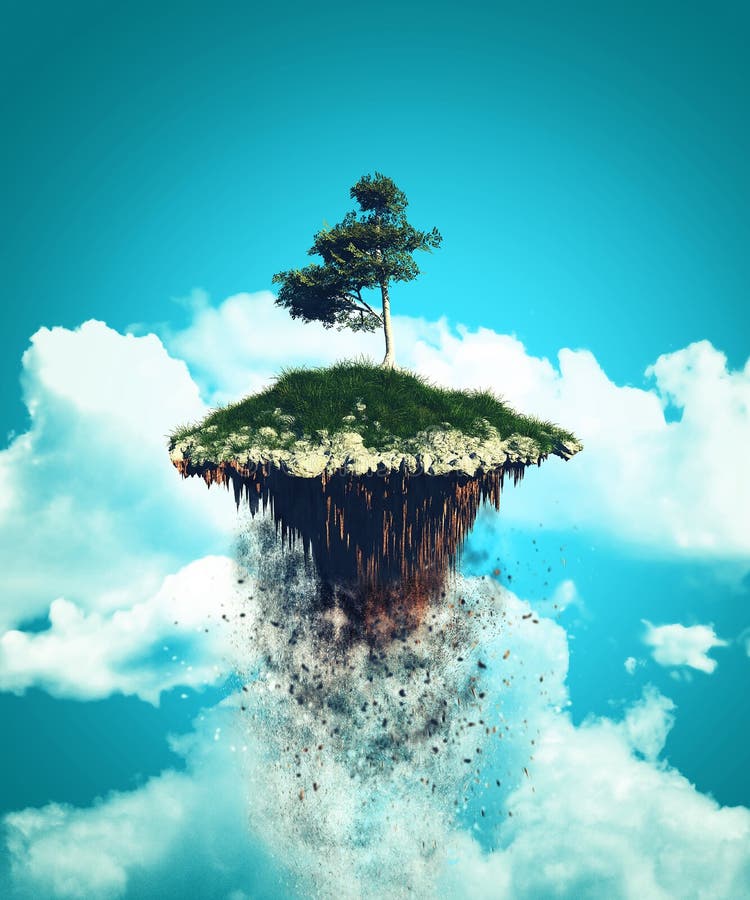 3D Floating Island Exploding into the Sky Stock Illustration ...