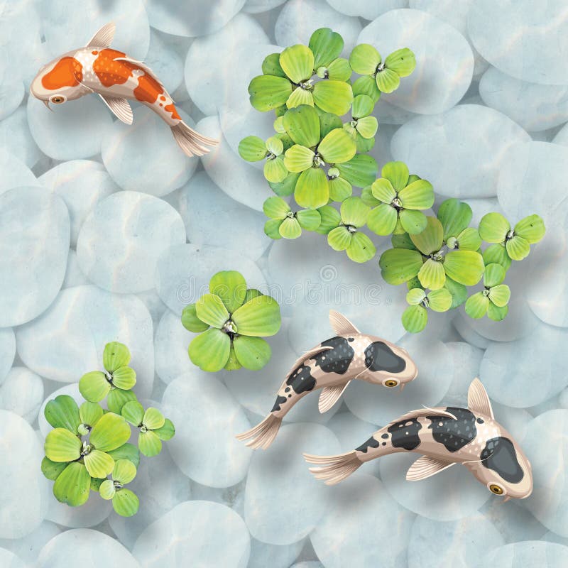 3D Floor Tiles Design, Beautiful Koi Fish and Leaf Top View in Water ...