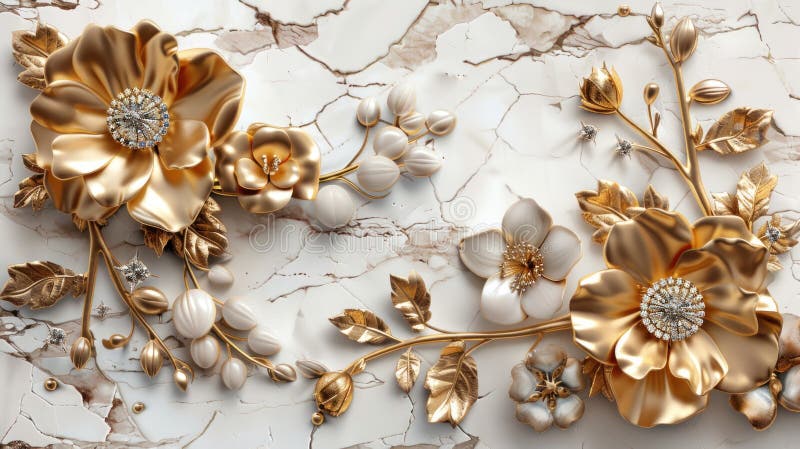 3d Floral Gold Flowers with Diamonds Wallpaper Stock Illustration ...
