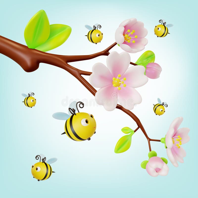 3d Floreciente Rama De Sakura Con Un Vuelo Alrededor De Abejas Estilo ... 3d Floreciente Rama De Sakura Con Un Vuelo Alrededor De Abejas Estilo ...