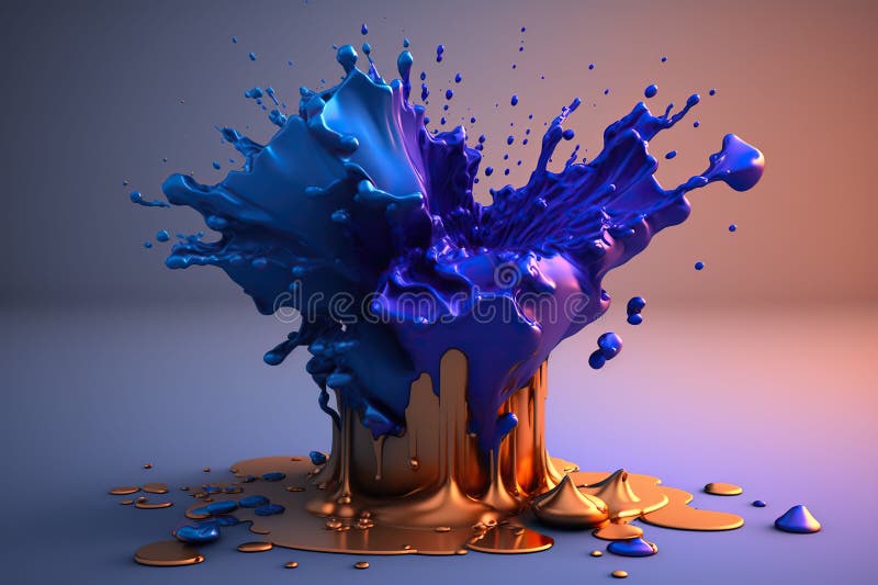 3d Fluid Brush Strokes. Explosion of Blue and Golden Paint Drips Stock ...