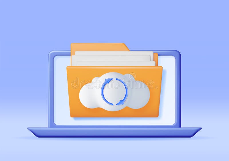 3d Folder In Clouds With File Sync Icon On Laptop Stock Vector