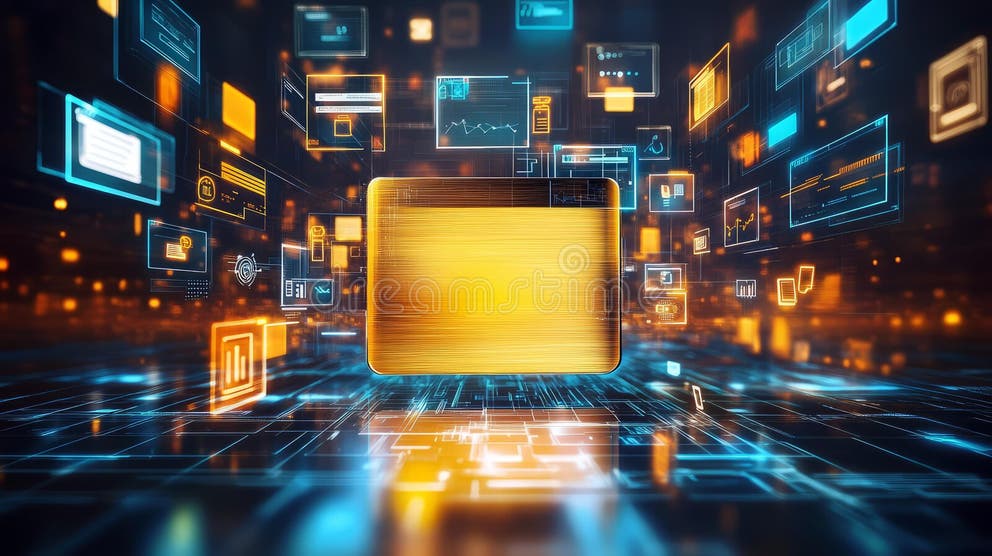 3D Folder Icon Surrounded by Digital Data and Glowing Elements ...