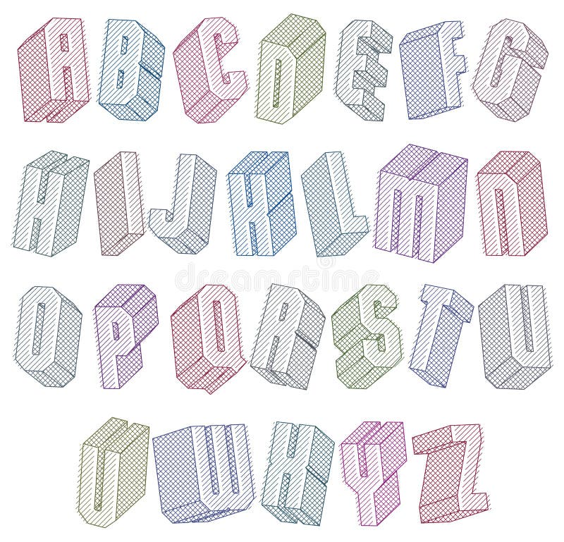 3d Font with Lines Textures, Geometric Letters Alphabet. Stock Vector ...
