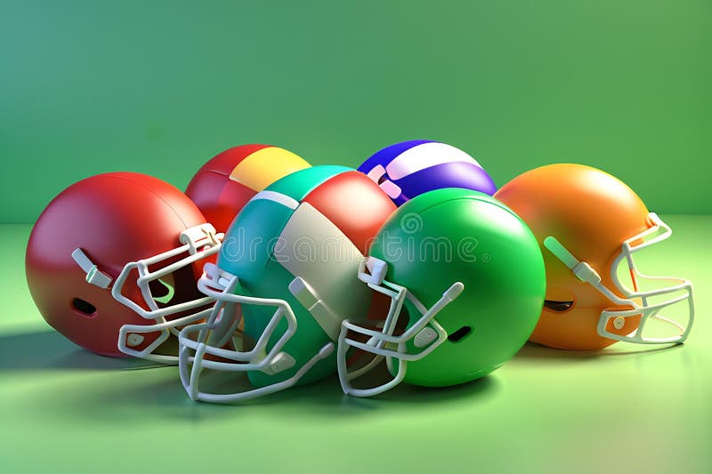 3d Footballs Leaning Against Multiple Colored Football Helmets Stock ...