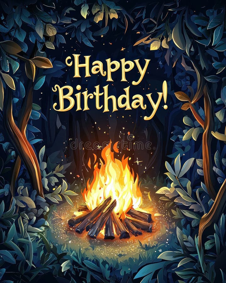 3D Forest Birthday Card with Bonfire Motif Stock Illustration ...