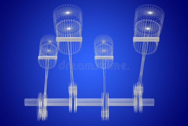 3D Four-cylinder Car Engine, Blueprint, Wireframe Stock Illustration ...