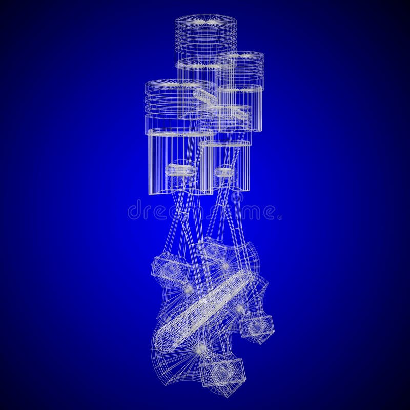 3D Four-cylinder Car Engine, Blueprint, Wireframe Stock Illustration ...