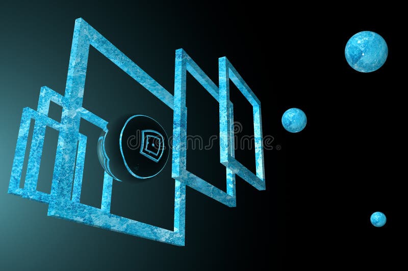 3d Frame Objects and Spheres Hanging in a Dark Space Stock Illustration ...