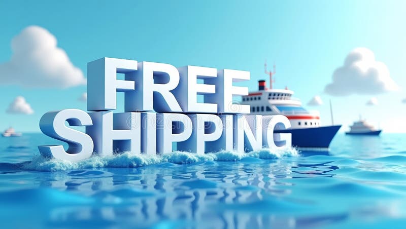 3D FREE SHIPPING Letters with Waves and Ships in Blue Ocean Stock ...