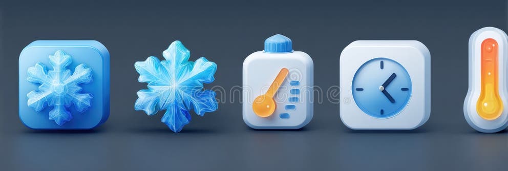 3D Freezer Icons Featuring Snowflake, Timer, and Thermometer on a Clean ...