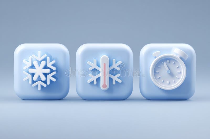 3D Freezer Icons Showcasing Snowflake, Thermometer, and Timer in a ...