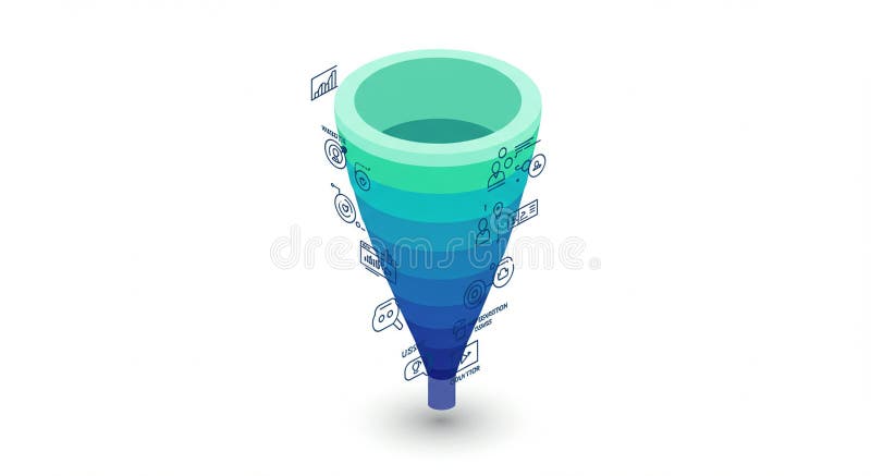 A 3D Funnel Diagram in Shades of Blue and Green, Illustrating a ...