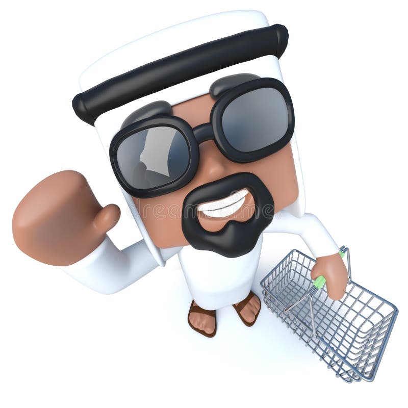 3d Funny Cartoon Arab Sheik Character Shopping with a Basket Stock ...