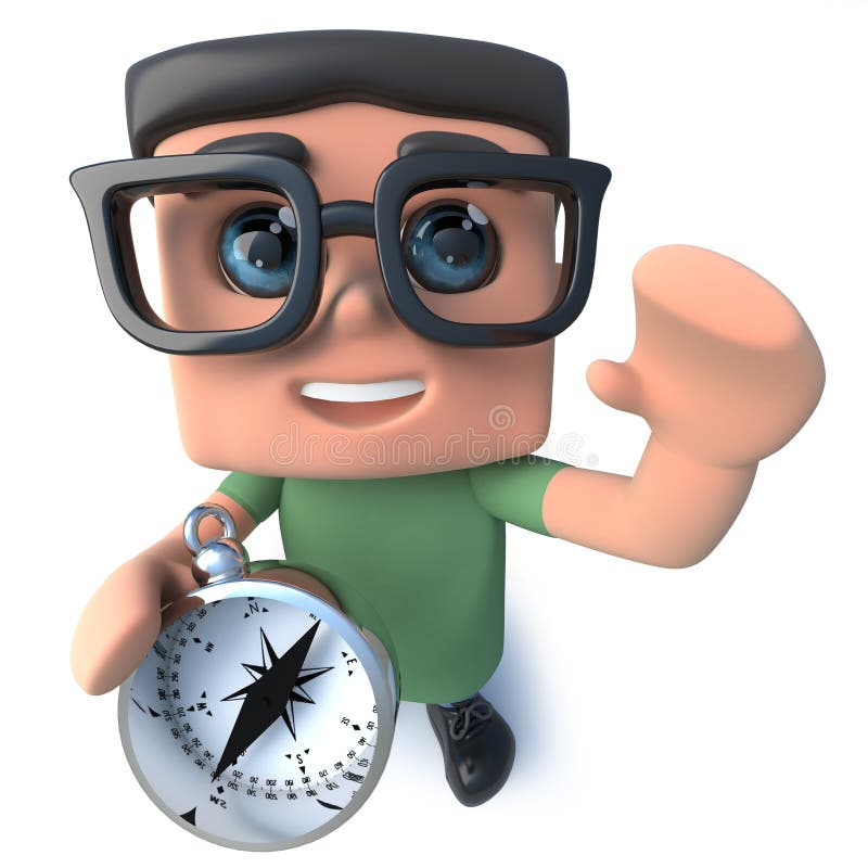 3d Funny Cartoon Computer Nerd Character Holding a Navigational Compass ...