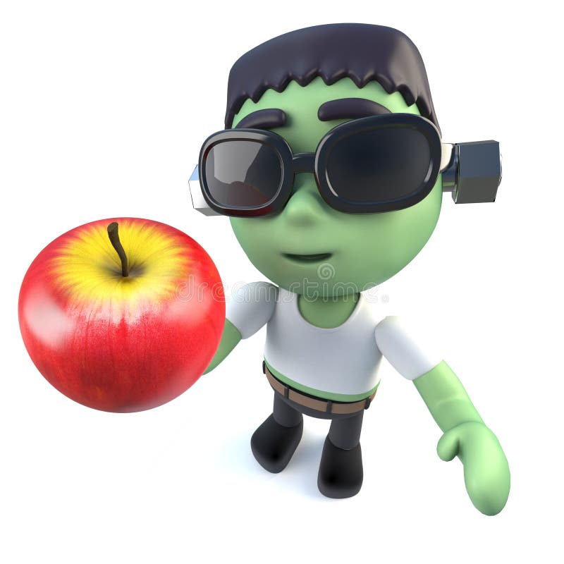 3d Funny Cartoon Halloween Frankenstein Monster Holding an Apple Stock ...