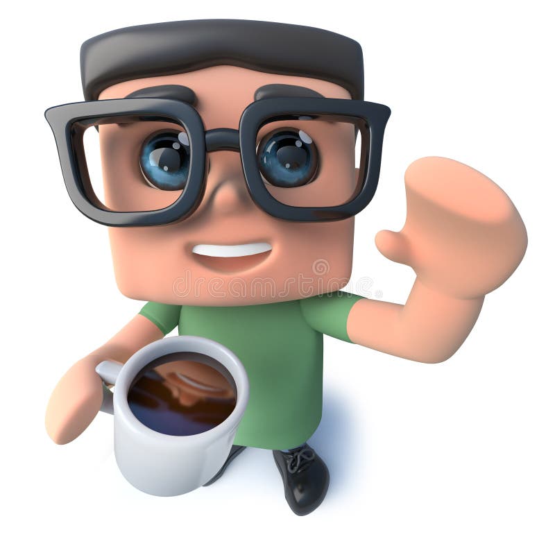 3d Funny Cartoon Nerd Geek Character Drinking a Cup of Coffee Stock ...