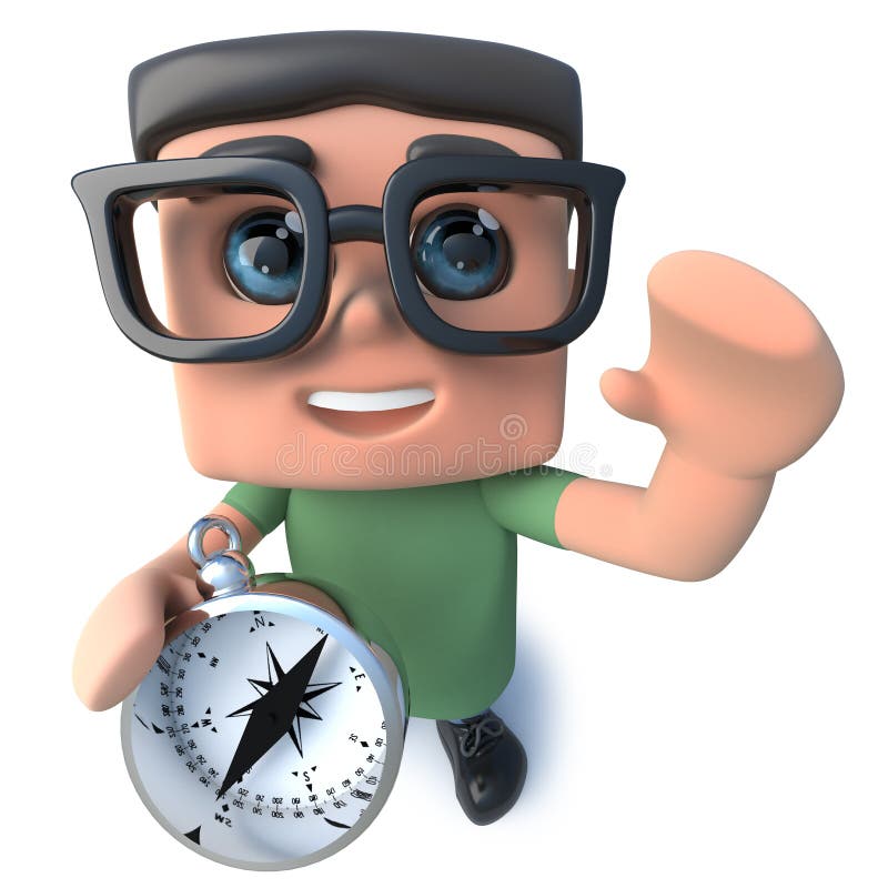3d Funny Cartoon Nerd Geek Character Holding a Magnetic Compass Stock ...