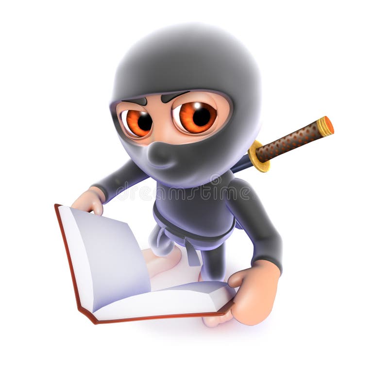3d Funny Cartoon Ninja Assassin Reading a Book Stock Illustration ...