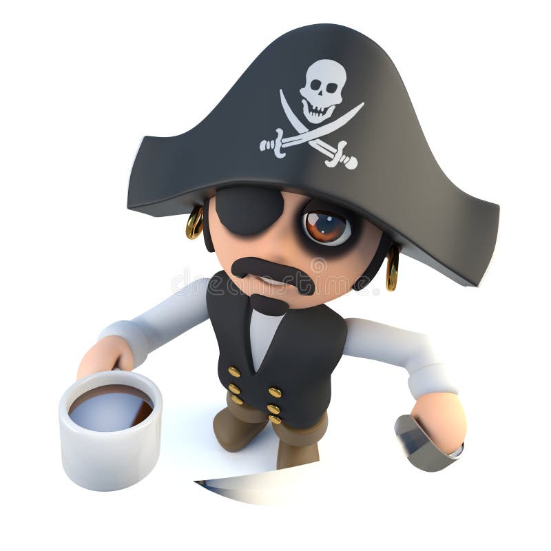 3d Funny Cartoon Pirate Captain Character Drinking a Cup of Coffee ...