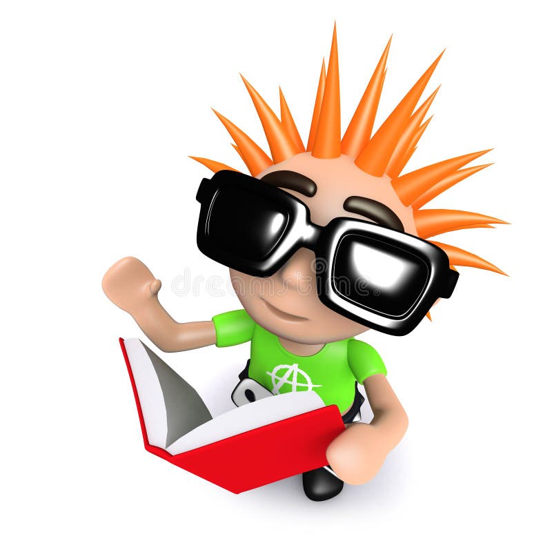 3d Funny Cartoon Punk Rocker Kid Character Reading a Book Stock ...