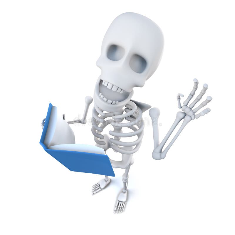 3d Funny Cartoon Skeleton Character Reading a Book Stock Illustration ...