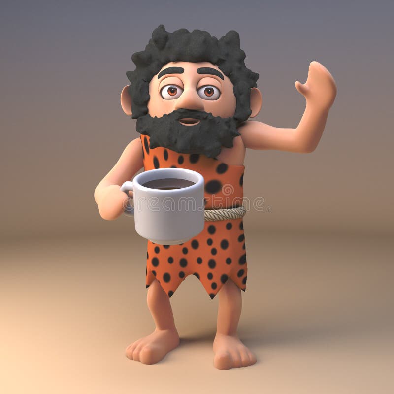 3d Funny Caveman Cartoon Character Drinking a Cup of Tea or Coffee, 3d ...