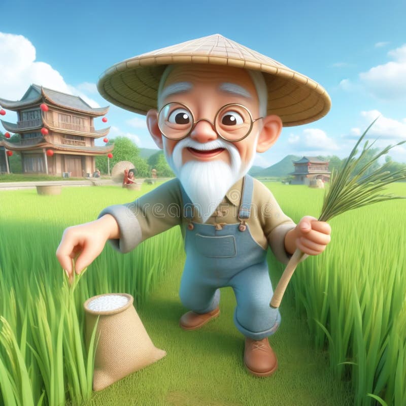 3D Funny Chinese Farmer Cartoon in Rice Fields. AI Generated Stock ...