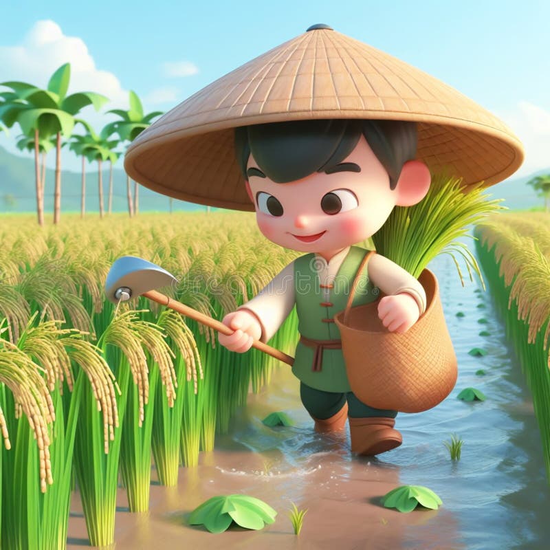 3D Funny Chinese Farmer Cartoon in Rice Fields. AI Generated Stock ...