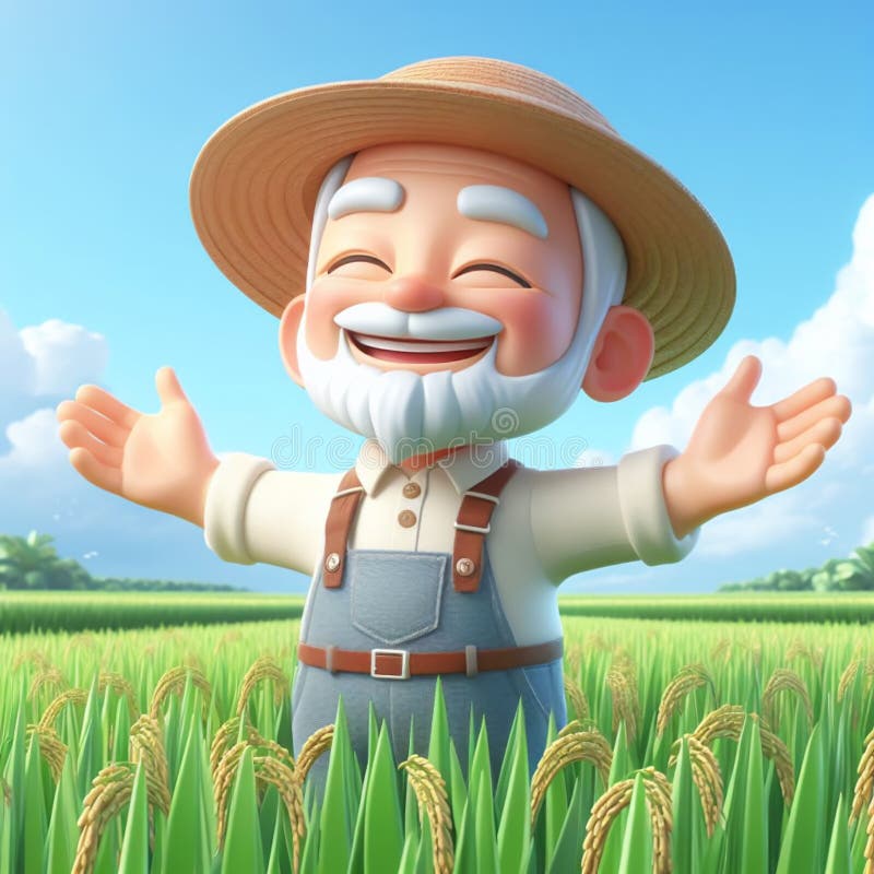3D Funny Chinese Farmer Cartoon in Rice Fields. AI Generated Stock ...