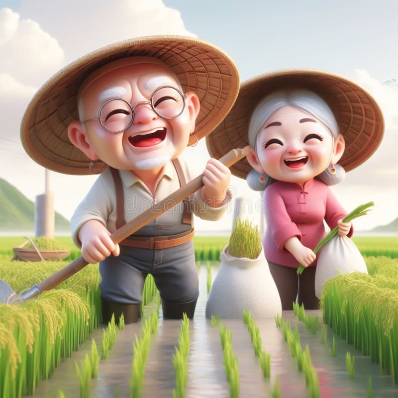 3D Funny Chinese Farmer Cartoon in Rice Fields. AI Generated Stock ...
