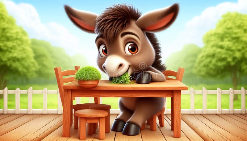 3D Funny Donkey Cartoon Eating Grass Stock Illustration - Illustration ...